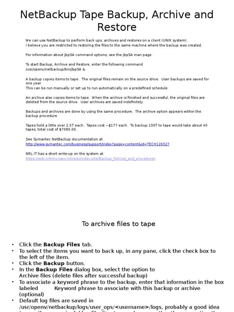 Netbackup Tape Backup, Archive and Restore | PDF | Backup | Computer File