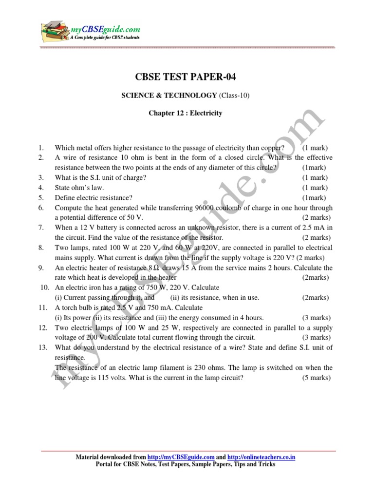 Cbse Test Paper-04: Science & Technology (Class-10) Chapter 12 ...
