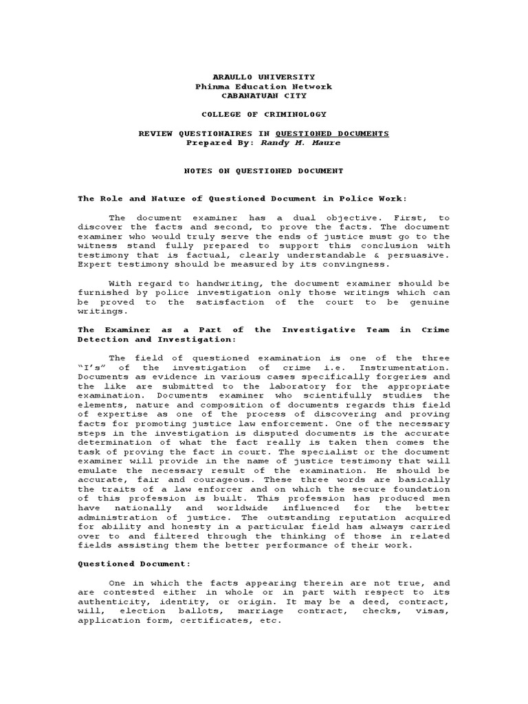 NOTES ON QUESTIONED DOCUMENTS WITH EXERCISES 2.doc | Cheque | Witness