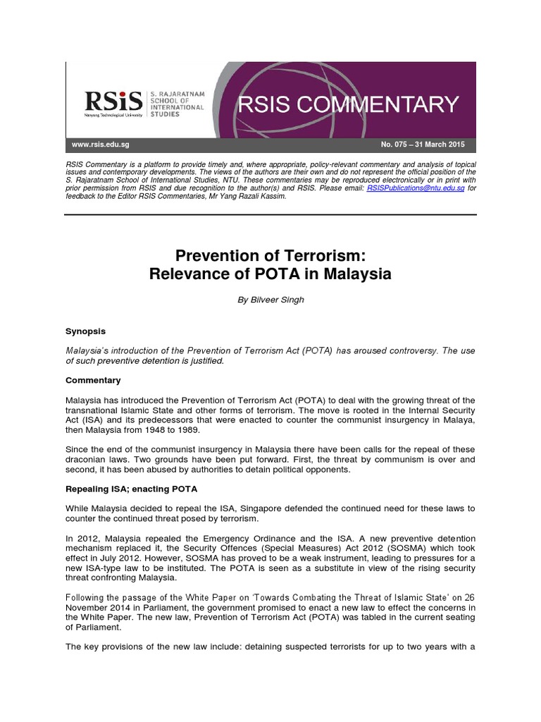 Prevention of Terrorism: Relevance of POTA in Malaysia: WWW - Rsis.edu ...