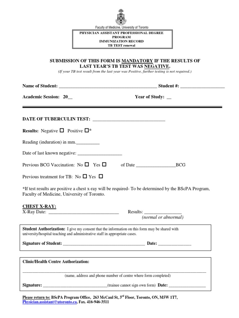 U of T Physician Assistant TB Test Form | PDF | Self-Improvement