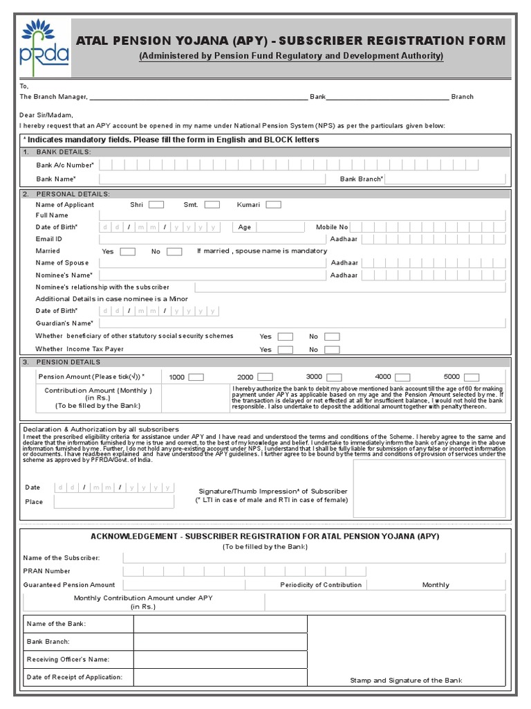 Atal Pension Yojana (Apy) - Subscriber Registration Form | PDF ...