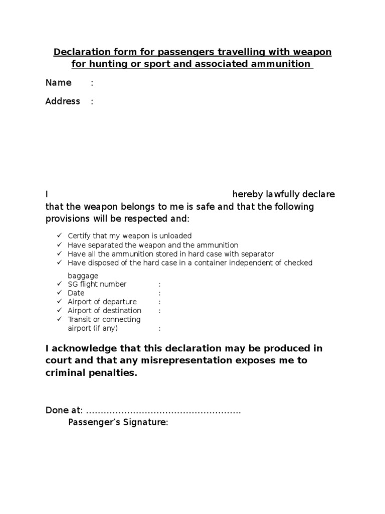 Declaration Form For Passengers Travelling With Weapon For Hunting or ...