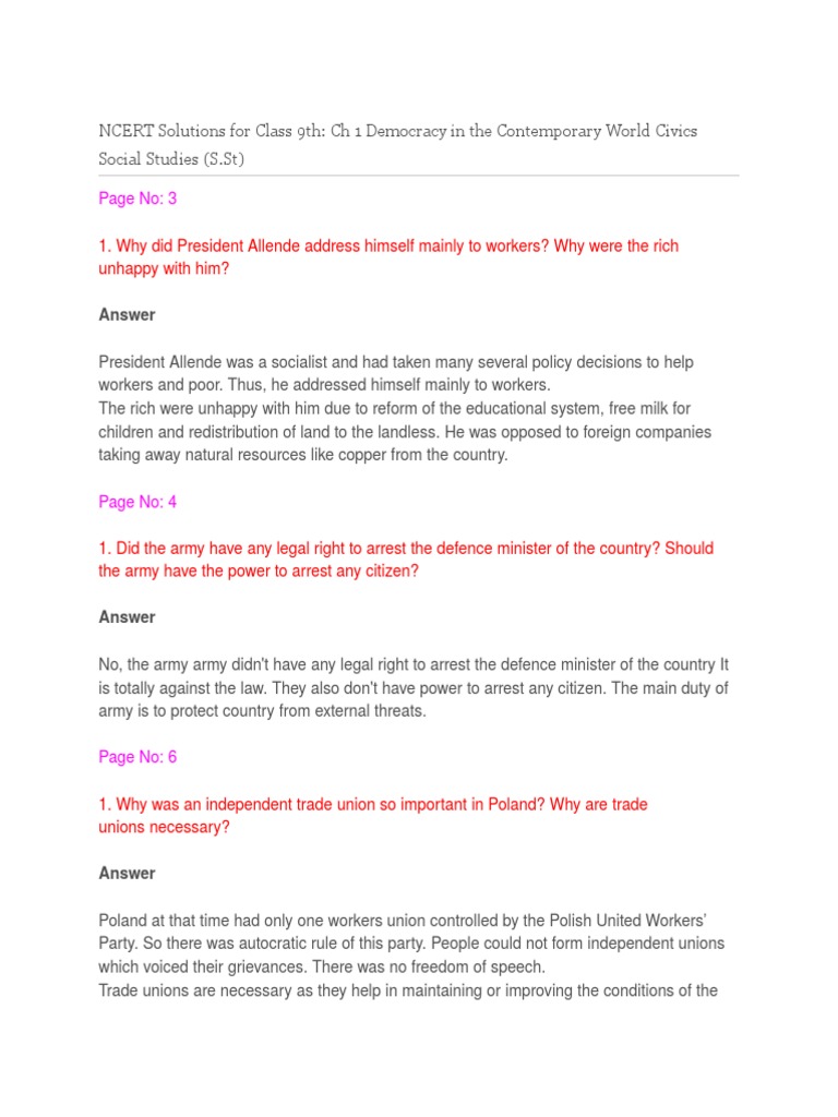 NCERT Solutions For Class 9th: CH 1 Democracy in The Contemporary World ...