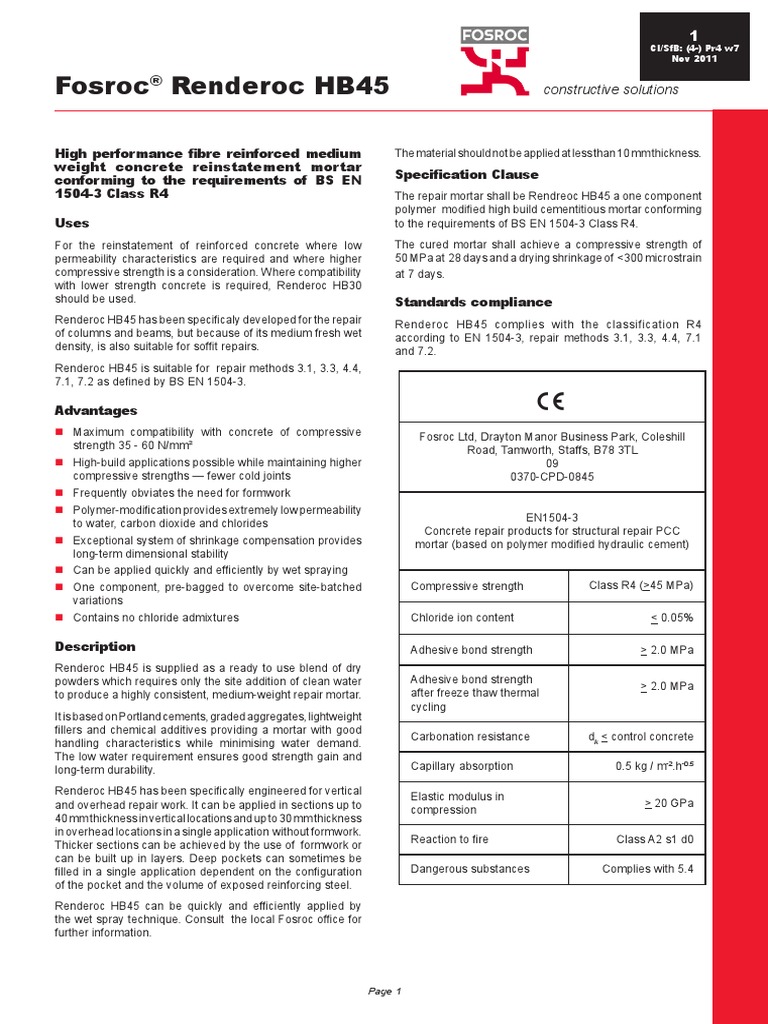 Fosroc Renderoc HB45 1111 | Download Free PDF | Concrete | Mortar (Masonry)