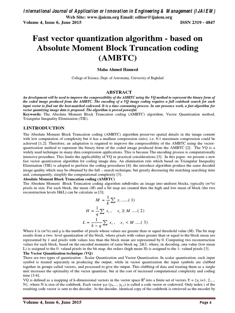 Fast Vector Quantization Algorithm Based On Absolute Moment Block Truncation Coding Ambtc