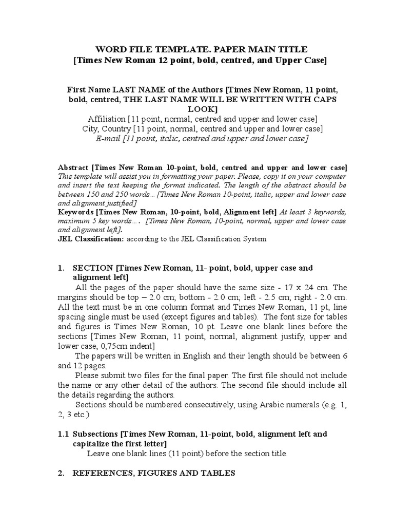 Word File Template. Paper Main Title (Times New Roman 12 Point, Bold ...