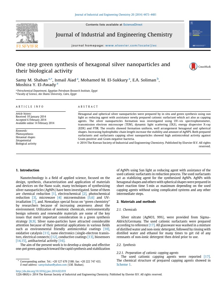 One Step Green Synthesis of Hexagonal Silver Nanoparticles and Their ...