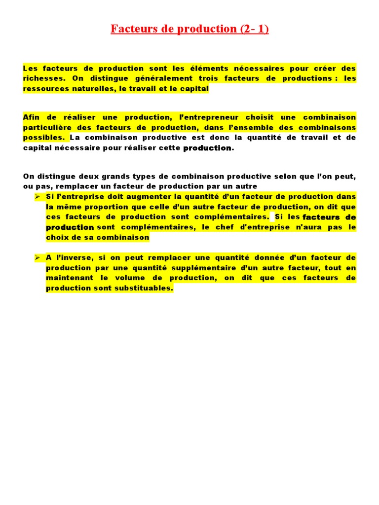 Facteurs de Production: Complémentarité et Substituabilité | PDF ...
