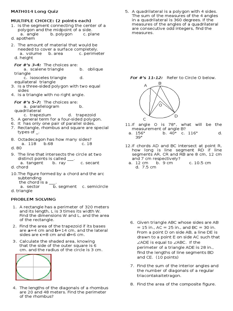 For #'S 3-4: The Choices Are:: MATH014 Long Quiz MULTIPLE CHOICE: (2 ...