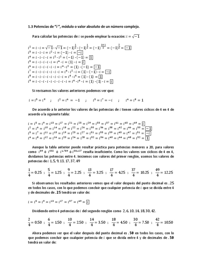 1.3 Potencias de I, Módulo de Num. Comp. 22-08-2014 PDF | PDF | Raíz ...