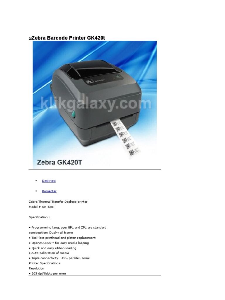 Zebra Barcode Printer GK420t | PDF