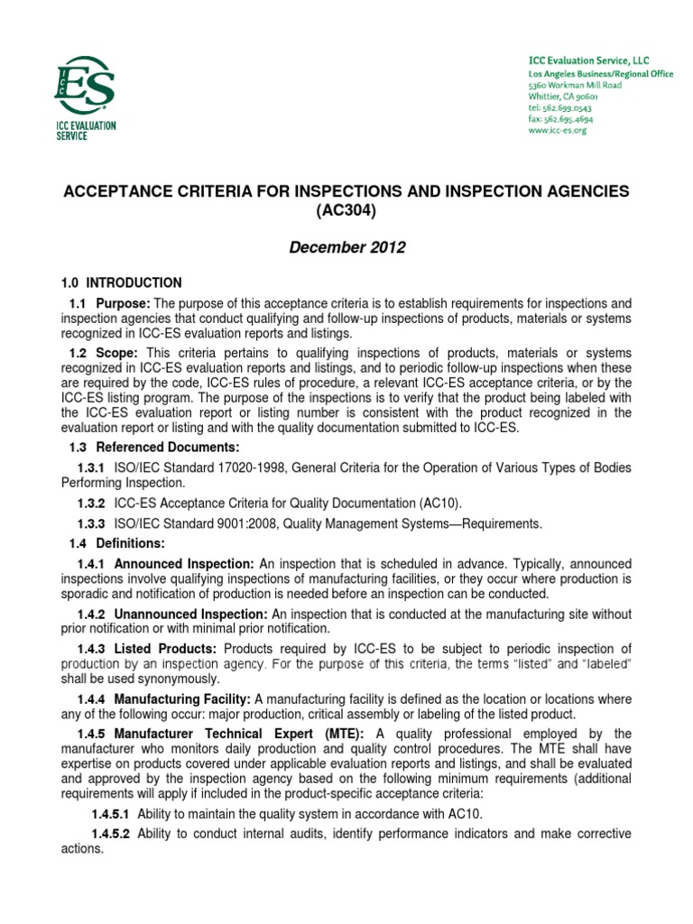 Acceptance Criteria For Inspections and Inspection Agencies (AC304 ...