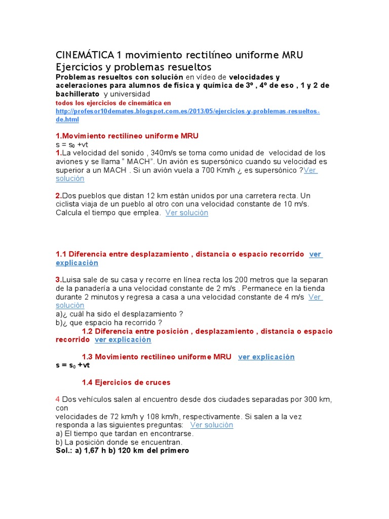 Ejercicios Resueltos de MRU | PDF | Cinemática | Velocidad
