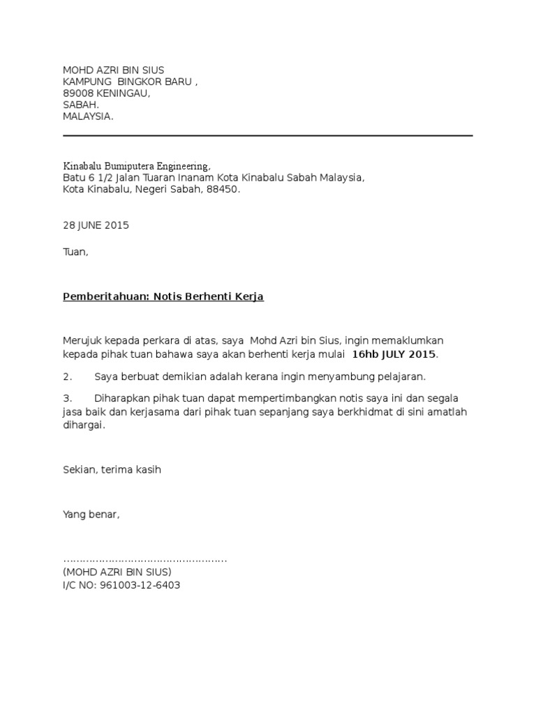 Contoh Surat Berhenti Kerja Notis Sebulan | PDF