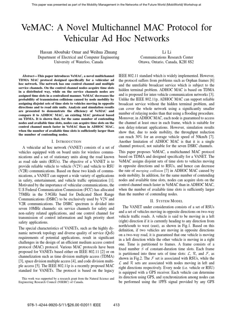 Vemac: A Novel Multichannel Mac Protocol For Vehicular Ad Hoc Networks | PDF | Channel Access ...