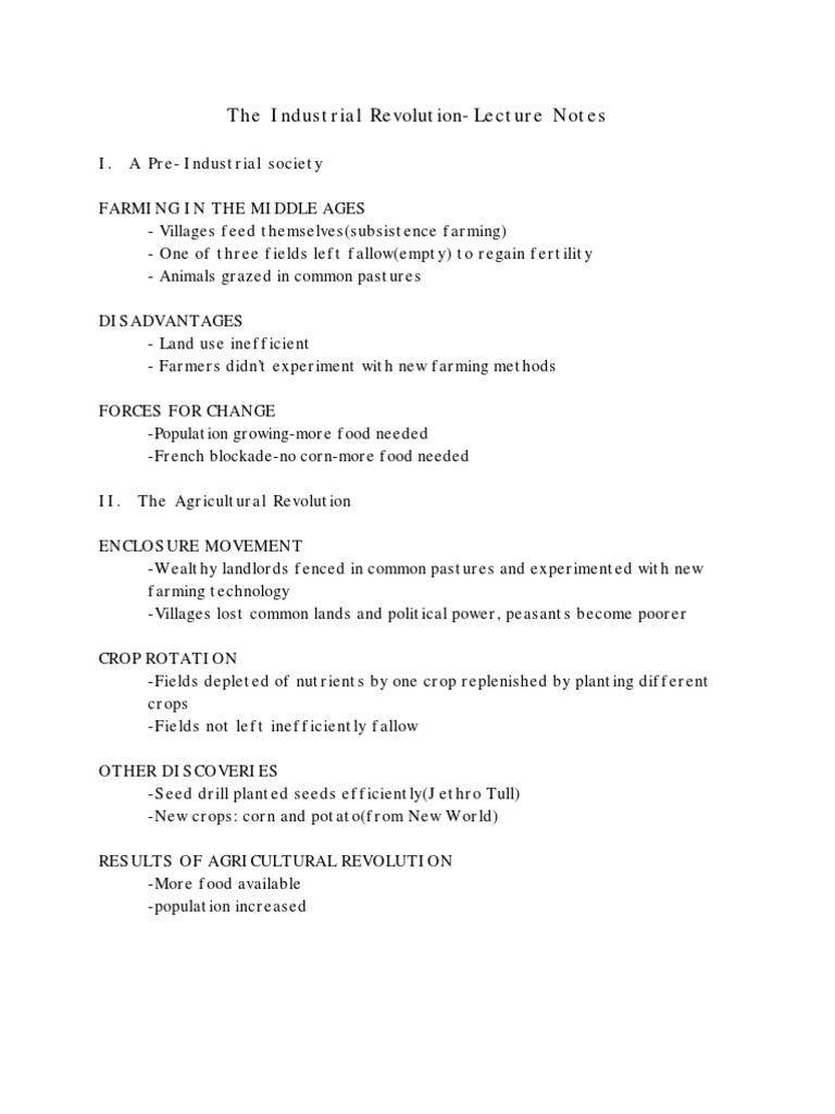 The Industrial Revolution-Lecture Notes: I. A Pre-Industrial Society ...