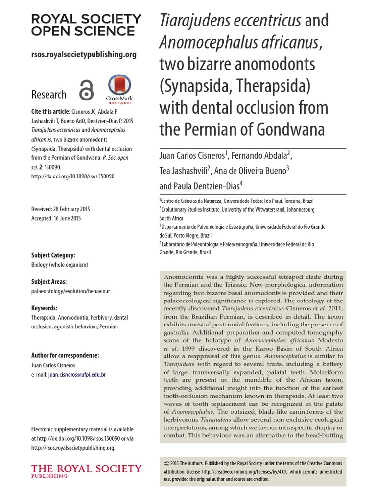 Two Bizarre Anomodonts (Synapsida, Therapsida) With Dental Occlusion ...