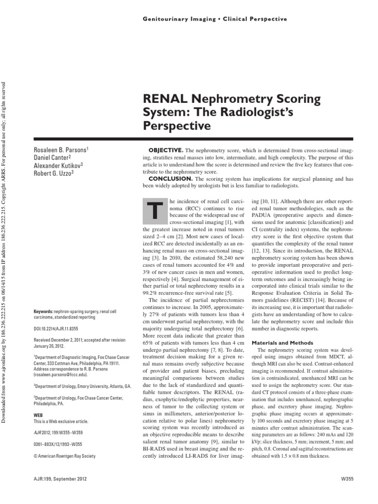 RENAL Nephrometry Scoring System: The Radiologist's Perspective | PDF ...