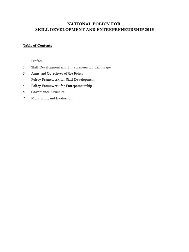 National Policy For Skill Development and Entrepreneurship 2015 | PDF ...