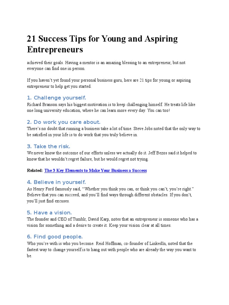 21 Success Tips For Young and Aspiring Entrepreneurs | PDF | Facebook ...