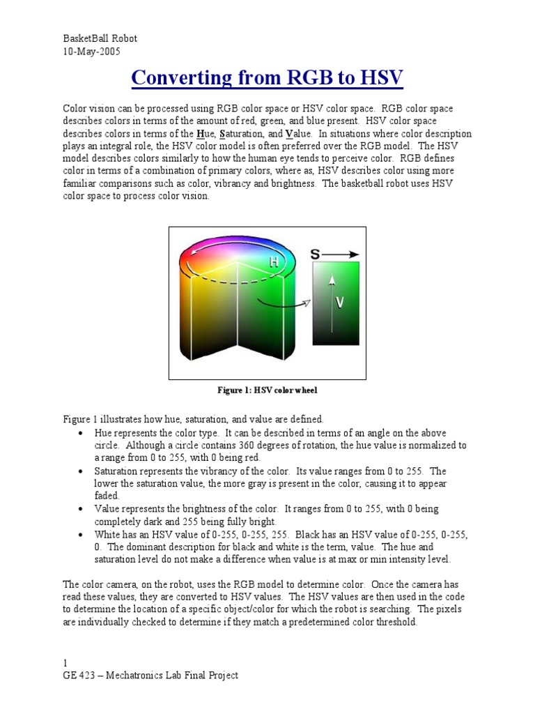 Convert RGB to HSV for Basketball Robot Vision | PDF