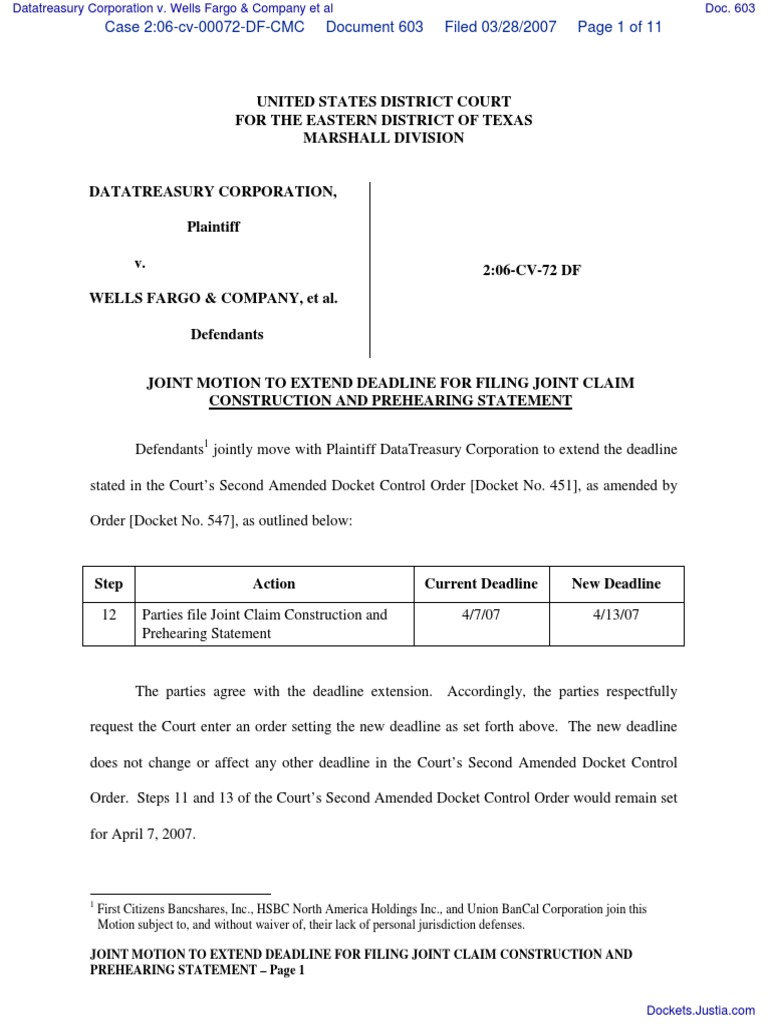Extend Deadline for Claim Construction Statement | PDF | Bb&T | U.S ...