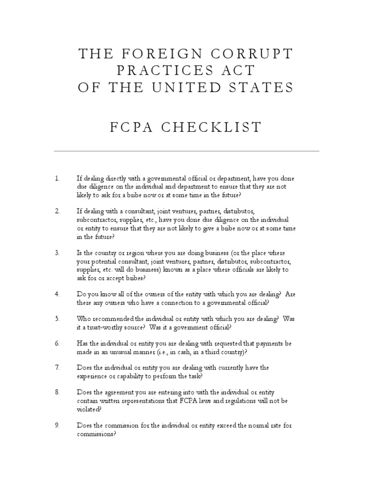 FCPA Compliance Checklist | PDF | Corruption | Bribery