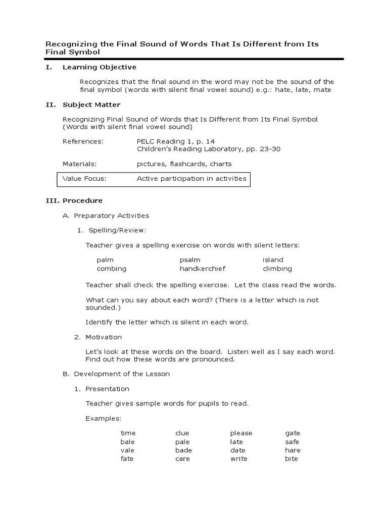 Final Sounds vs. Final Symbols in Words | PDF