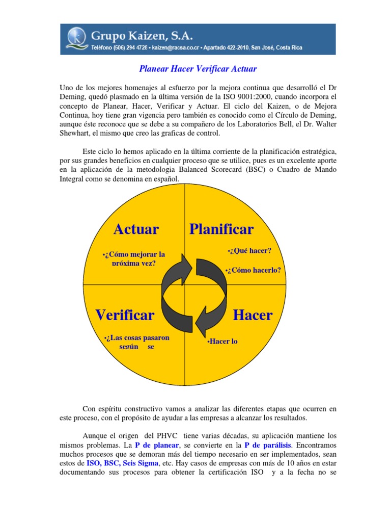 Planear Hacer Verificar Actuar | PDF | Gestión de la calidad | Calidad ...