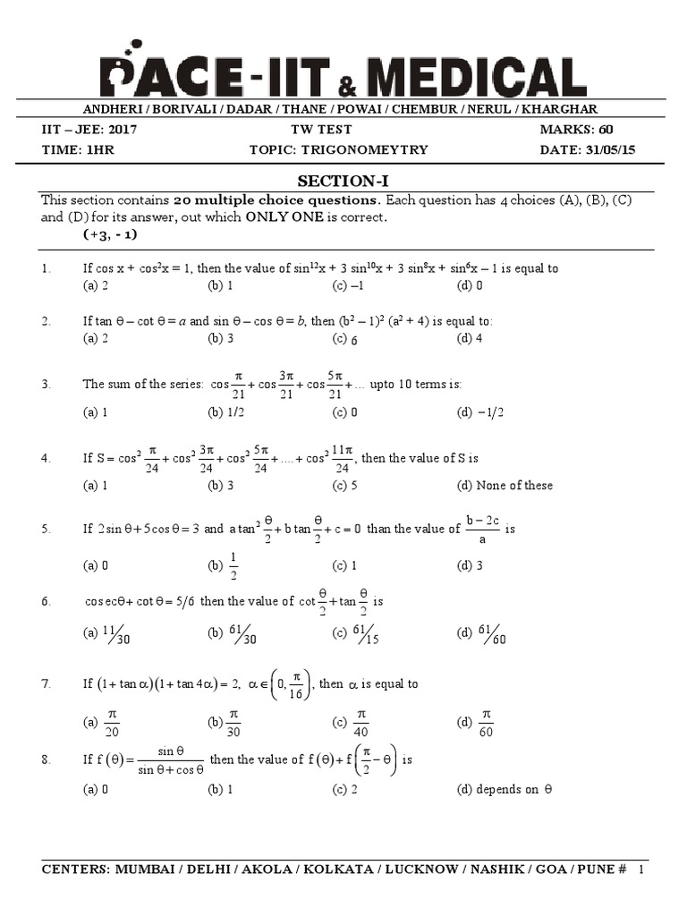 Trigonometry MCQs for Class 10 | PDF | Trigonometric Functions | Sine