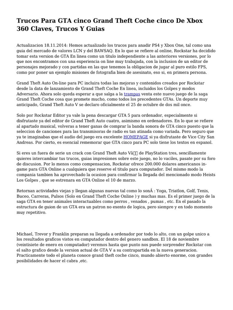 Trucos para GTA Cinco Grand Theft Coche Cinco de Xbox 360 Claves, Trucos Y Guias | PDF ...