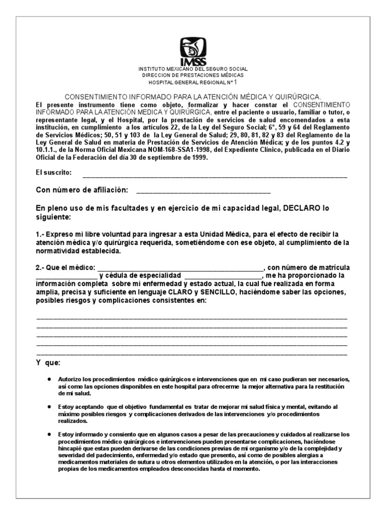 Consentimiento Informado Para La Atencion Medica y Qx | Hospital ...