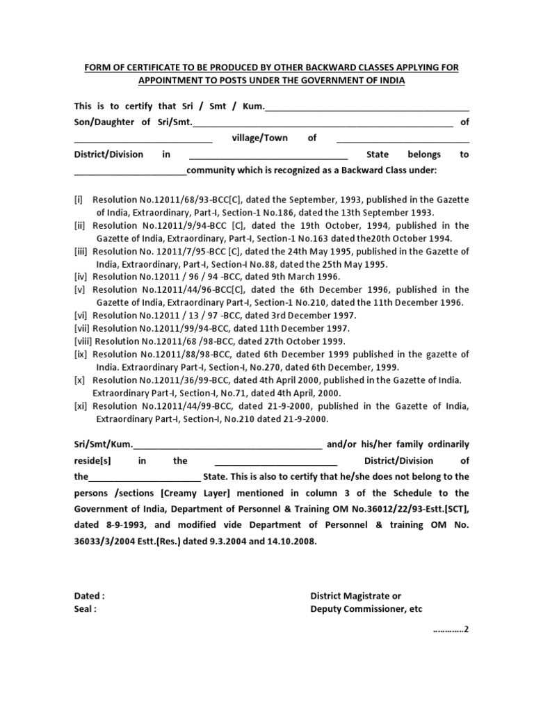 Format For OBC Certificate BOB