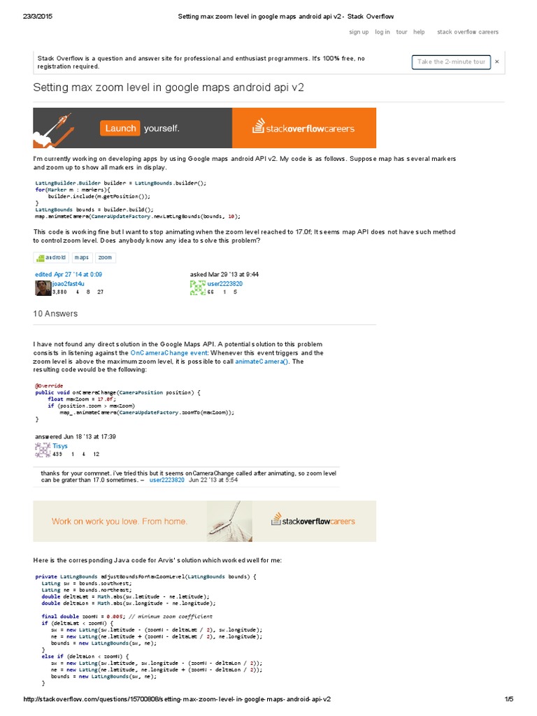Setting Max Zoom Level in Google Maps Android API v2 - Stack Overflow | PDF | Android (Operating ...
