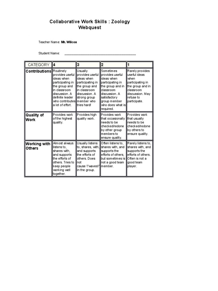 Collaborative Zoology Work Skills Rubric | PDF | Learning | Behavior ...