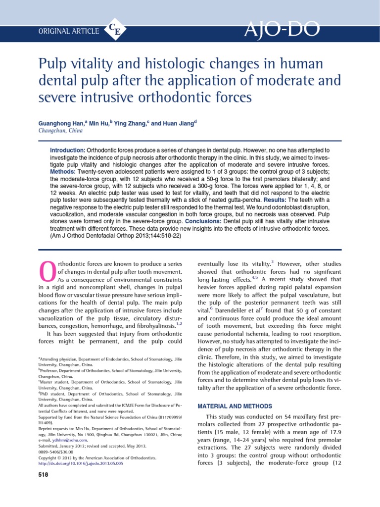 Pulp Vitality and Histologic Changes in Human Dental Pulp After The ...