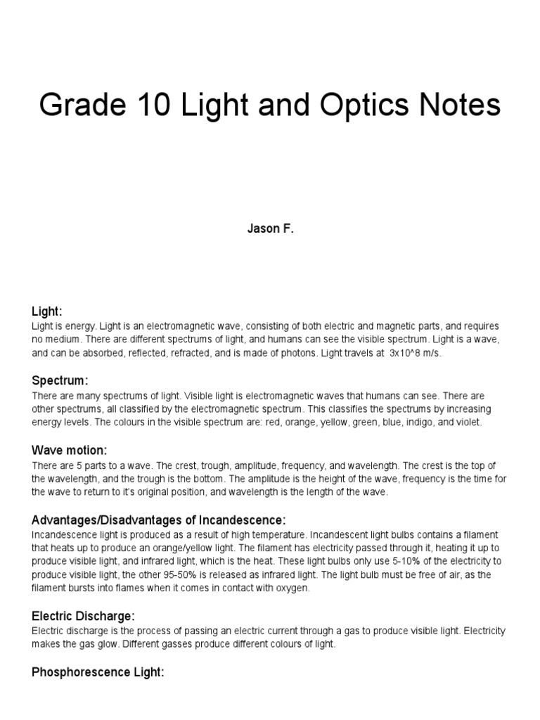 Grade 10 Light and Optics Notes | PDF | Refraction | Lens (Optics)