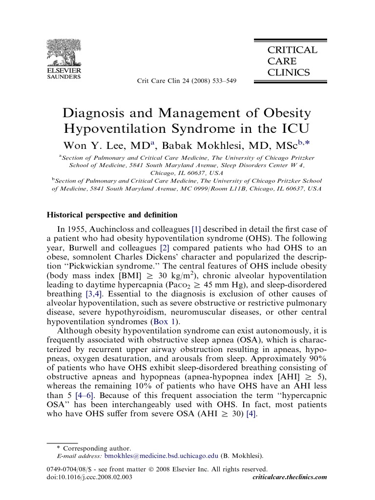Diagnosis and Management of Obesity Hypoventilation Syndrome in The ICU ...