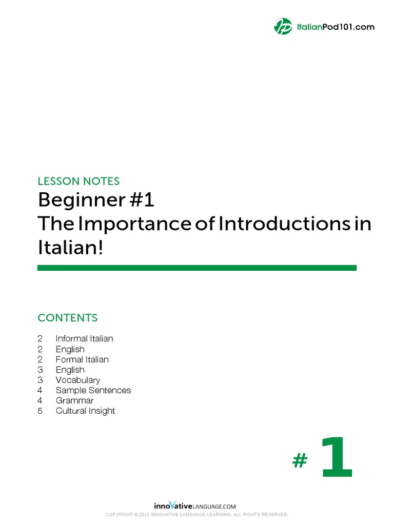 Beginner #1 The Importance of Introductions in Italian!: Lesson Notes ...