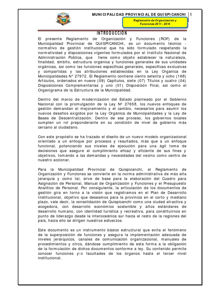 PLAN 11816 ROF (Reglamento de Organización y Funciones) 2011 | Descargar gratis PDF | Alcalde ...