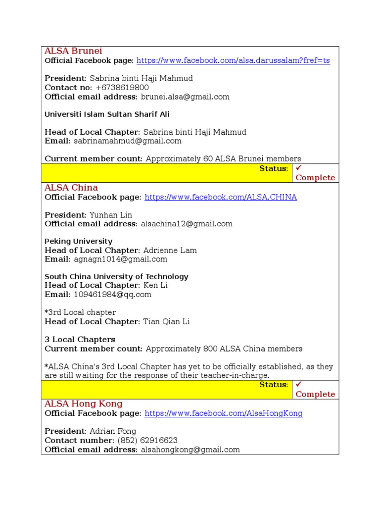 ALSA Brunei Contact Information | PDF