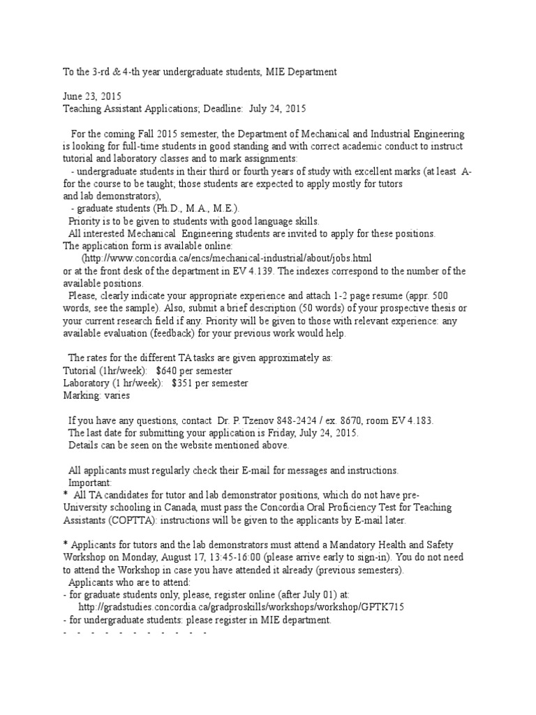 Fall 2015 MIE TA Applications | PDF | Mechanical Engineering | Engineering