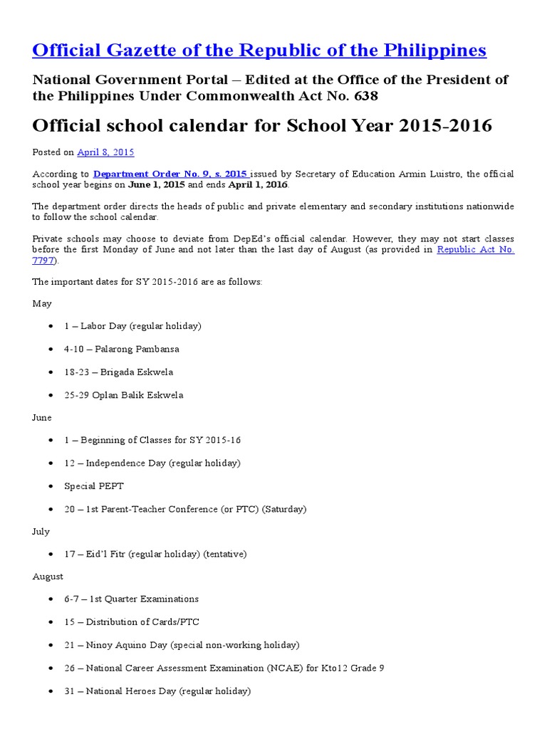 Official School Calendar SY 2015-2016 | PDF | Retirement | Employment