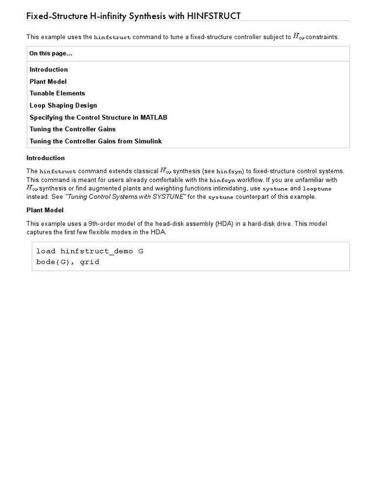 Fixed-Structure H-Infinity Synthesis With HINFSTRUCT - MATLAB & Simulink - MathWorks India | PDF ...
