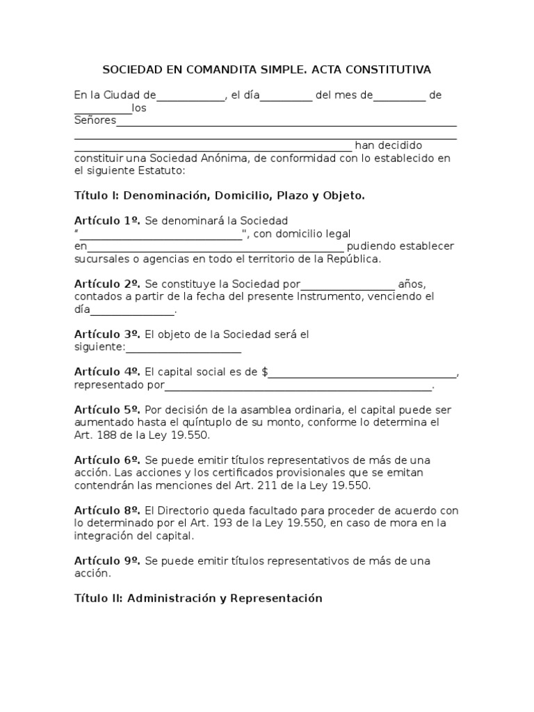 Acta Constitutiva de Sociedad en Comandita Simple | PDF | Liquidación | Empresas