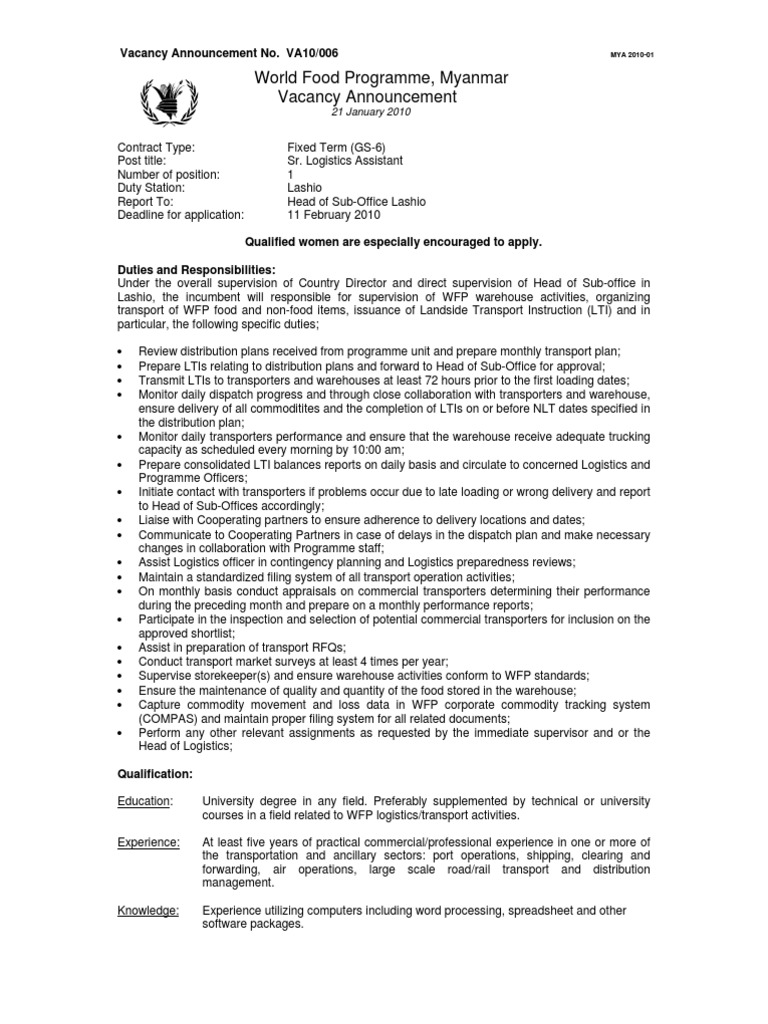 Wfp Sr Logistics Assistant Vacancy Pdf World Food Programme