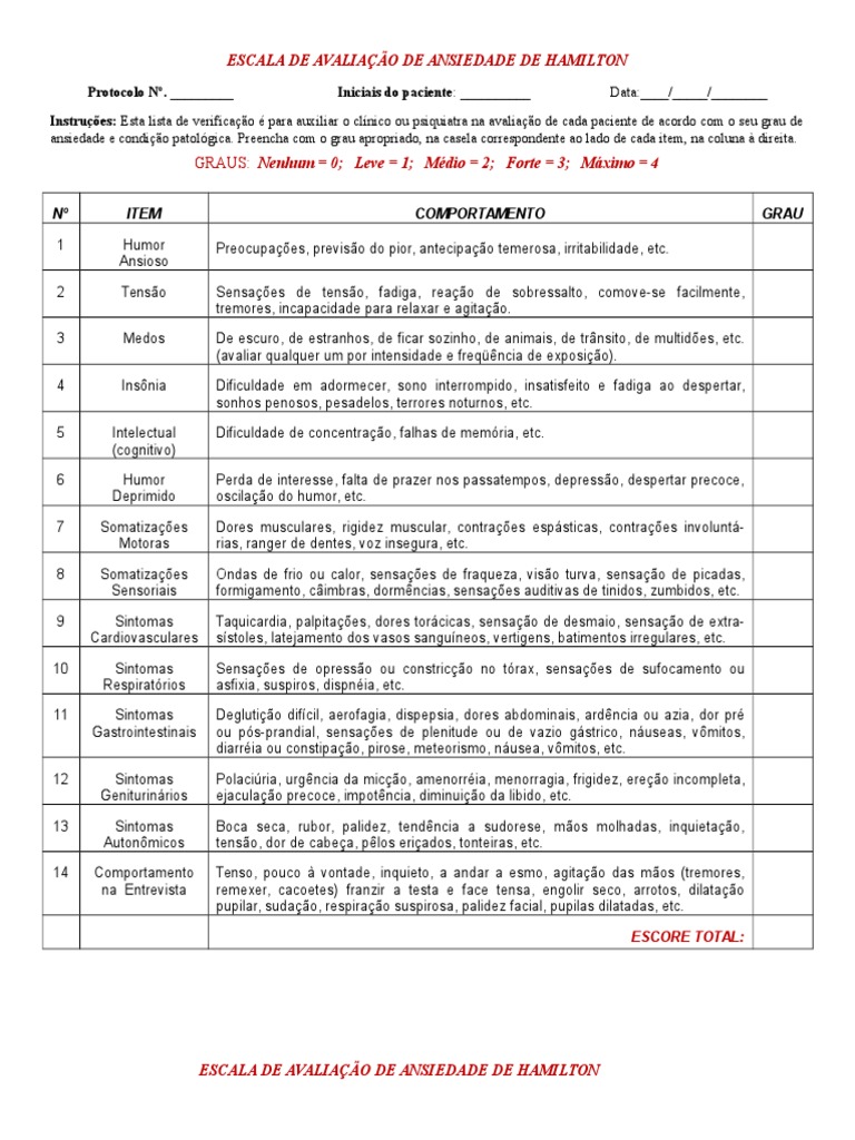 Escala de Hamilton | Depressão | Especialidades Médicas