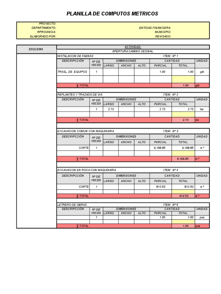 Planilla de Cómputos Métricos para Obras | PDF