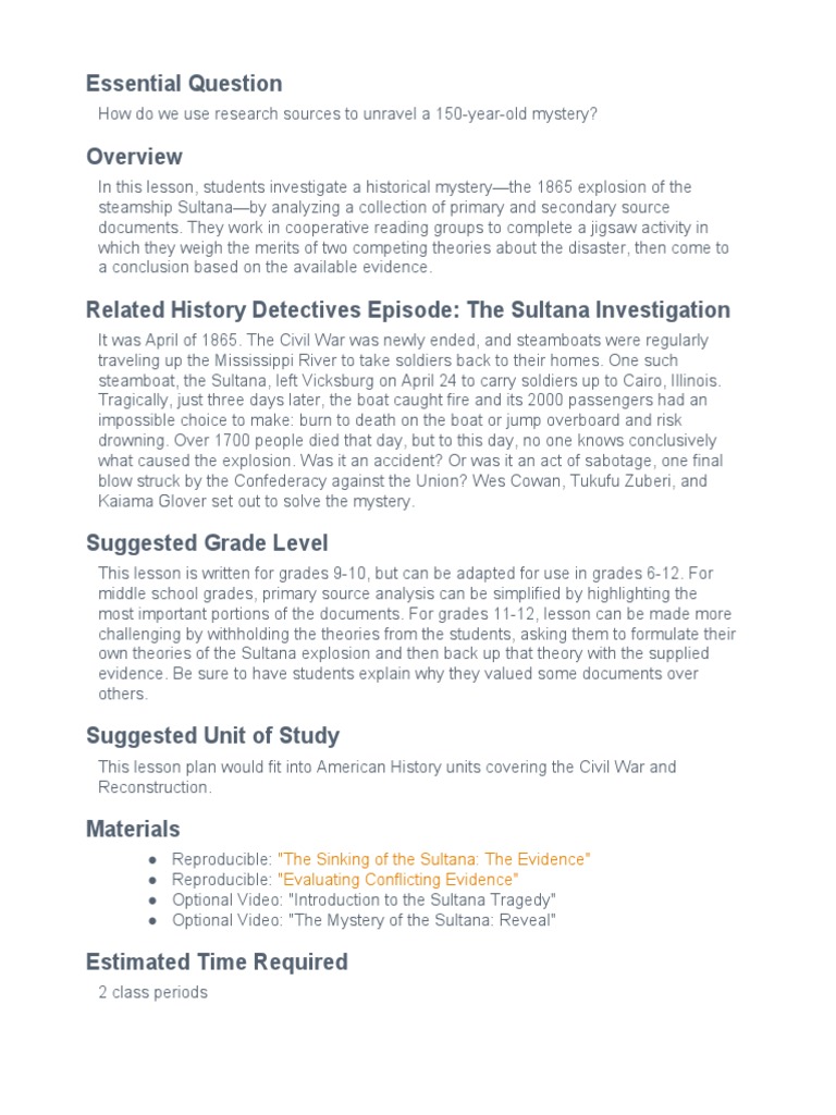Evaluating Conflicting Evidence Lesson Summary - History Detectives ...